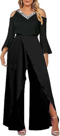 Generic Combinaison &eacute;l&eacute;gante pour femme - Combinaison festive - Combinaison &agrave; paillettes - Manches longues - Taille haute - Combinaison classique - Col en V -