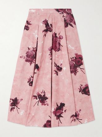 Erdem Jupe Midi En Popeline De Coton À Imprimé Fleuri Et À Plis - Rose