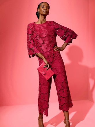 Cr&eacute;ation L Spitzenbluse CREATION L, Damen, Gr. 36, rot (kirsche), 100% Polyester, unifarben, Rundhals, Blusen Spitzenbluse, Topseller