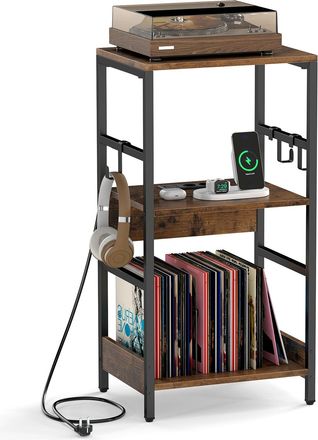 Costway Costway Supporto Per Giradischi A 3 Livelli, Mobile Porta Giradischi In Legno Con Stazione Di Ricarica E 3 Ganci, Scaffale Per Dischi Industriale Per 