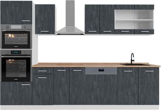 Vicco Küchenzeile R-Line, Küchenblock, Schwarz Beton/Weiß, 300 cm AP Eiche