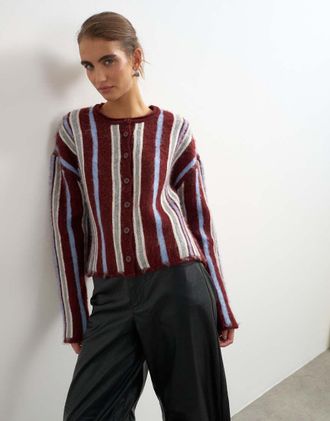 Topshop Strick-Cardigan mit Rundhalsausschnitt und burgunderroten Streifen-Multi