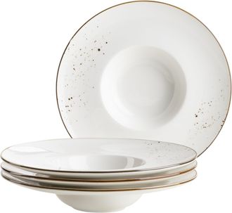 Mäser Serie Pintar, hochwertiges Gourmetteller-Set, 4-teilig mit Ø 26 cm, breiter Tellerrand, mit heller Glasur, visuellen braunen Sprenkeln und feinem Rand