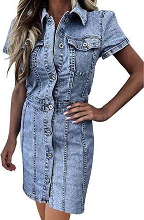 TOMWELL Femme Été Denim Robe Col V Manche Courte Tunique Robe Chemisier en Jean Bouton Hauts Mini Robe Blouse Shirt Dress D Bleu XS