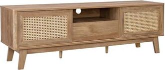 Sweeek Meuble TV Portes coulissantes. casier fermé. étagère décor Bois et cannage 150cm