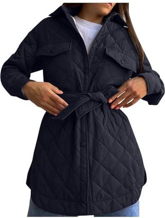 Generic Vestes pour femmes, automne et hiver, couleur unie, revers &agrave; boutonnage, ceinture ample, manteau chaud 2026, Noir, XL