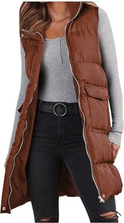 Generic Vestes pour femmes 2026 - Couleur unie - &Agrave; capuche - Longue veste rembourr&eacute;e &agrave; capuche - Manteau mince, marron, 3XL