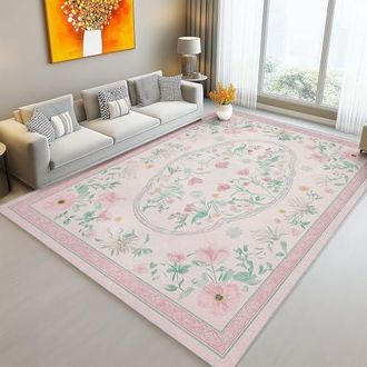 Generic Tapis Lavable 120 x 170 cm, Rose Vert Menthe Doux Flanelle Poil Courts Antid&eacute;rapant Fleurs Romantiques Dessin&eacute;es &Agrave; La Main Imprim&eacute; Tapis Entretien Fac