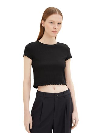 Tom Tailor Damen 1035865 Cropped Ripp T-Shirt Mit Bio-Baumwolle, 14482 - Deep Black, M EU