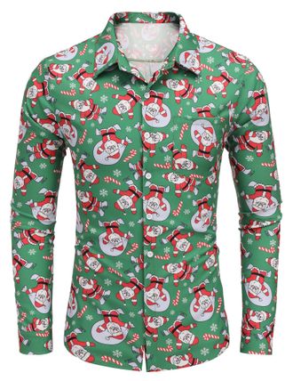 Coofandy Weihnachtshemd Herren Langarm Hemden Gedruckte Weihnachten Hemden Christmas Shirt Freizeithemd Festival Hemd f&uuml;r M&auml;nner Gr&uuml;n M