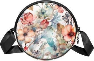 Generic Petit sac &agrave; bandouli&egrave;re circulaire pour femme, motif feuilles florales, sac &agrave; dos avec fermeture &eacute;clair, bretelles r&eacute;glables, sac &agrave; main rond d&eacute;contra