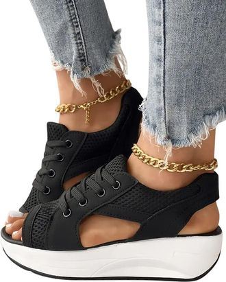 Minetom Damen Sommer Muffin Sandalen Slingback Peep Toe Slide Sport Sandalen Mesh Weiche Sohle Casual Plateau Damenschuhe A Schwarz 38 EU