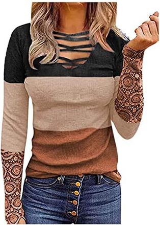 Generic 2026 Veste tunique &agrave; manches longues et col en V pour femme avec coutures en dentelle et d&eacute;coupe sur le devant, automne/hiver, Noir, L