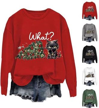 Generic HUIFUAO Sweat de Noël pour femme avec imprimé chat noir mignon - Haut de Noël amusant - Père Noël - Arbre de Noël - Pull graphique grande taille - Ten