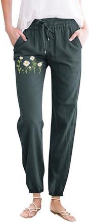 Generic Pantalon en coton et lin pour femme - Jambe large - Pantalon de plage d&eacute;t&eacute; pour femme - Confortable - Pantalon de yoga Palazzo XIYU26033, vert fonc&eacute;, 