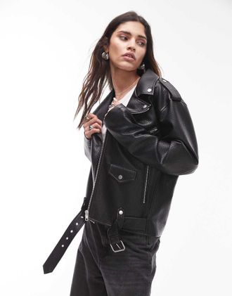 Topshop Blouson style motard oversize texturé imitation cuir - Noir