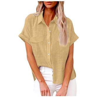 Generic Chemise en lin pour femme boutonn&eacute;e d&eacute;contract&eacute;e col en V manches courtes chemises amples surdimensionn&eacute;es en coton m&eacute;lang&eacute; haut tendance chemisier, j
