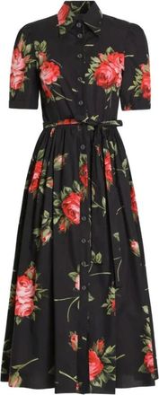 Dolce & Gabbana Femme, Robes, Noir, Taille: 36 FR Rose Print Button-Front Midi Dress