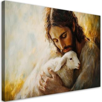 Feeby Bild auf Leinwand - Wandbilder Wohnzimmer Aesthetic - Jesus Christus mit Lamm - 45x30 1tlg - Schlafzimmer Wandekoration - Bilder Zimmer - Living Room 