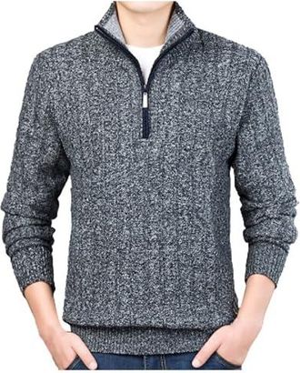Generic Pull pour homme avec col montant et fermeture éclair quart - Tricot rayé - Style décontracté - Facile dentretien - Polyvalent - Manches longues - Poig