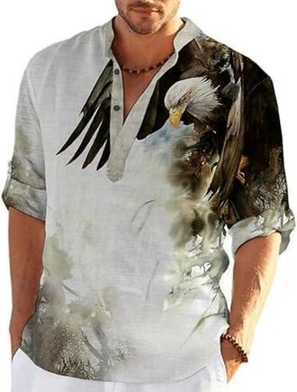 Keephen Chemise pour Homme Chemises Henley décontractées à col Montant et à Manches Longues Tops de Plage dété Chemisier boutonné à Motif de Loup Animalier T 