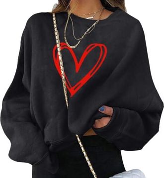 ORANDESIGNE Sweatshirts Femme Imprim&eacute; damour Sweat-Shirt Manche Longue Col Rond L&acirc;che Vintage D&eacute;contract&eacute; Pulls Femme Streetwear avec Motif de Coeur A Noir L