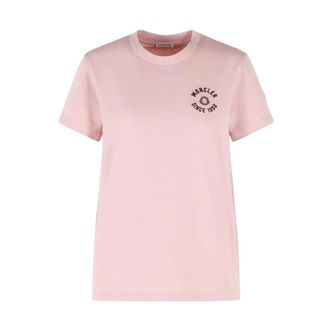Moncler Geripptes T-Shirt mit Rundhalsausschnitt und Logo - - Tops - Damen - Rosa - S