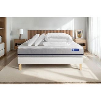Actisom Komplettpaket Bett - Matratze 140x190 cm + Boxspringbett mit Lattenrost (im Set) + 2 Kopfkissen + Bettdecke - Actilatex Soft