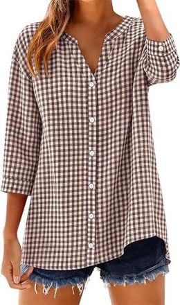 Generic Chemises boutonn&eacute;es en coton &agrave; manches 3/4 pour femmes, haut ray&eacute; vichy &agrave; carreaux et col en V, chemisier ample d&eacute;contract&eacute; d&eacute;t&eacute; &agrave; carreaux, caf&eacute;, XXL