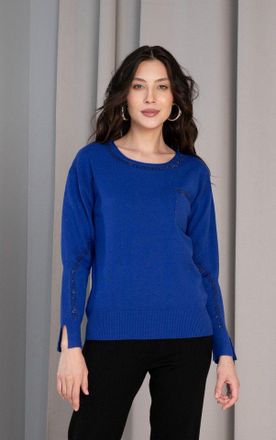 Passioni Strickpullover in Royalblau mit Strassdetails und Vordertasche