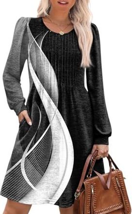 Generic Robe de chambre gaufr&eacute;e de style boh&egrave;me pour femme, mini robe &agrave; manches longues, robe trap&egrave;ze d&eacute;contract&eacute;e, fluide avec poches lat&eacute;rales, robe moulant