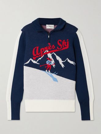 We Norwegians Afterski Pullover Aus Merinowolle In Jacquard-strick Mit Kurzem Reißverschluss - Blau