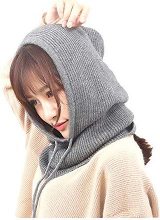 ACVIP Bonnet tricot&eacute; multifonction pour femme - &Eacute;charpe chaude &agrave; capuche - Cagoule, gris fonc&eacute;, taille unique