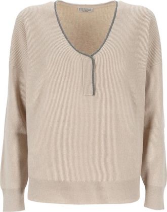 Brunello Cucinelli Homme, Pulls, Beige, Taille: M Pull col V en maille point anglais