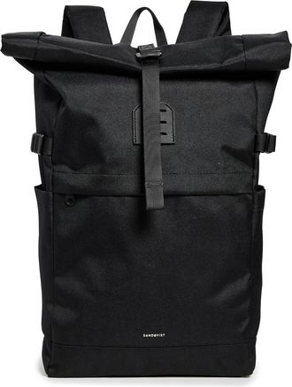 Sandqvist Unisex ICON Rolltop Backpack M Messenger Bag, Black/Black with Black Leather