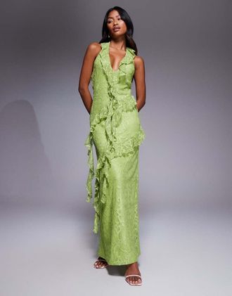 Asos Robe longue en dentelle avec volants et décolleté plongeant - Vert olive