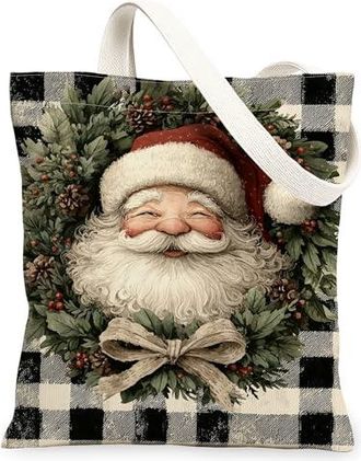Generic Sacs fourre-tout en toile de No&euml;l, motif P&egrave;re No&euml;l vintage, sacs de courses r&eacute;utilisables, sacs de courses rustiques, l&eacute;gers et lavables &agrave; l&eacute;paule, No
