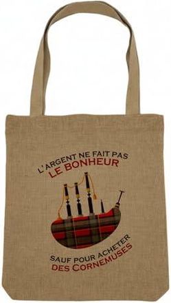 Fabulous Sac Shopping Tote Bag Aspect Lin - Cornemuse - Largent ne Fait Pas le Bonheur Instrument Sac de Courses Toile Epaisse 360g Beige Naturel Cabas Port&eacute; E