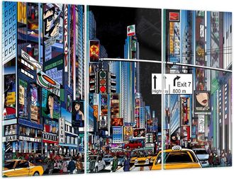 Arttor Mehrteilige Bilder auf Glas 165x110cm Glasbild Manhattan New York Straße Groß XXL Wanddeko Schlafzimmer Küche Set 3 teilige Wandbilder Dekoration Wohn
