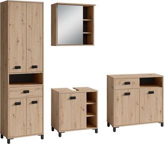 Byliving Badm&ouml;belset Wellness / 4-teilig/Spiegelschrank, Waschbeckenunterschrank, Kommode und Hochschrank/LED-Beleuchtung/Spiegel/Waschtisch/H&auml;ngeschrank (Arti