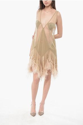 The Attico Sheer Minidress With Rhinestones And Feathers size 38