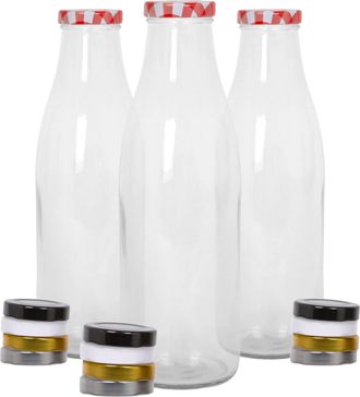 Argon Tableware 3X 960ml Wasserflasche aus Glass mit Metalldeckel - Leer Klar Wiederverwendbar Heim K&uuml;hlschrank Trinken Wein Saft Container - BPA Frei - Von Argon Tis