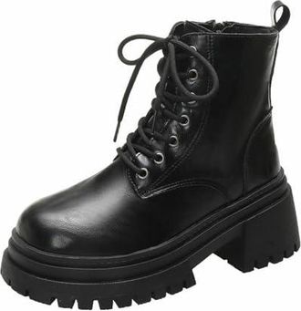 Generic Bottines &agrave; lacets pour femme - En cuir synth&eacute;tique - Semelle ext&eacute;rieure plate antid&eacute;rapante - Bottes &agrave; lacets - Bottes d&eacute;quitation en cuir synth&eacute;tique