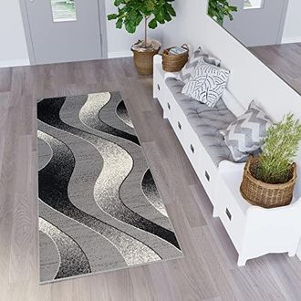 Tapiso Dream Tapis de Couloir Long Entr&eacute;e Salon Chambre Bureau Ado Design Moderne Gris Noir Blanc Abstrait Motif Ondes Vagues Poil Court Fin Tapis au M&egrave;tre 1