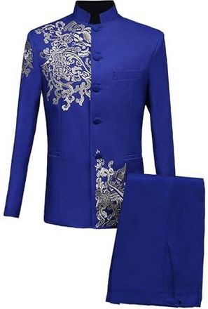 Generic Ensemble 2 pi&egrave;ces tunique chinoise brod&eacute;e &agrave; simple boutonnage col mandarin blazer coupe ajust&eacute;e pour homme, bleu, XL