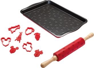 Prestige Neu Disney Backe mit Mickey Mouse Backgeschirr-Set mit Antihaft-Backblech 10 Zoll x 15 Zoll, Plätzchenausstecher-Set mit 4 Stück und Silikon-Nudelholz
