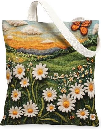 Generic Sac fourre-tout en toile de camomille printani&egrave;re pour le shopping 33 x 38,1 cm, sac d&eacute;picerie r&eacute;utilisable pour femme, motif floral, d&eacute;coration cadea