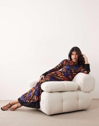 Daska Robe longue en mousseline &agrave; imprim&eacute; animal abstrait et d&eacute;tail nou&eacute; - Bleu et orange-Multicolore