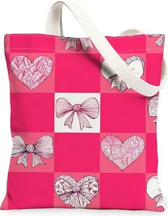 Generic Sacs fourre-tout en toile avec motif coeur, motif noeud, sacs d&eacute;picerie, sacs d&eacute;picerie r&eacute;utilisables, l&eacute;gers et lavables avec bandouli&egrave;re pour T, p&ecirc;c