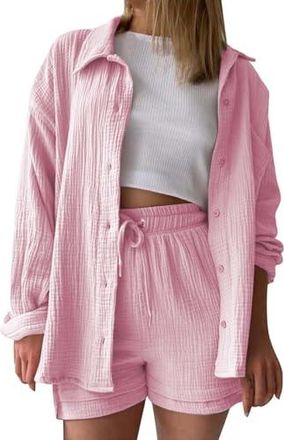 Generic Chemisier long en mousseline pour femme - Chemisier long surdimensionn&eacute; - L&eacute;ger et a&eacute;r&eacute; - Couleur unie - Chemise en coton et lin - Chemise &eacute;l&eacute;gante &agrave; 